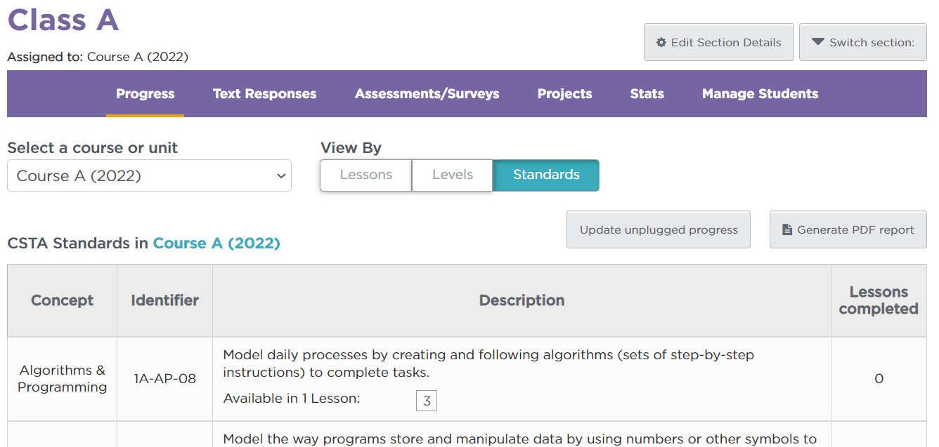 How can I view my students' progress on CSTA Standards? – Code.org